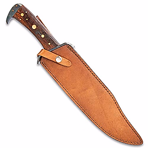 TIMBER RATTLER Gunslinger Bowie Knife and Leather Belt Sheath - 1095 Fire Kissed Carbon Steel Blade, Rockwell Hardness 55-58, Steel Guard, Hardwood Handle, For Bushcraft Chopping Jobs - Length 16 1/2”