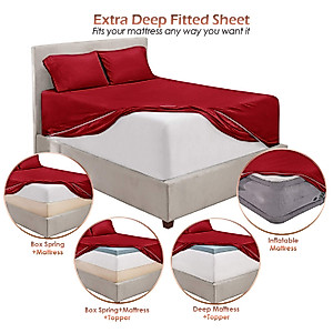 Hearth & Harbor Extra Deep Pocket Queen Sheets Sets - Fits Mattress 18-24 Inches Deep - Extra Deep Pocket Sheets - 6 Piece Queen Size Sheets - Queen Sheets Deep Pocket - Burgundy Sheets