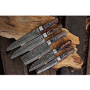Custom Handmade Damascus Steel 5 pcs Professional Kitchen Chef Knife Set with 5 Pocket Case Chef Knife Roll Bag/Brown & Blue Dollar Sheath