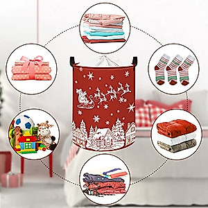 Clastyle 45L Red Snow House Laundry Basket Santa Claus Laundry Hamper Christmas Ornament Storage Basket with Drawstring Reindeer Snowflake Nursery Hamper for Gifts, 14.2x17.7 in