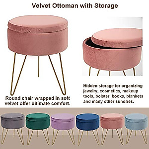 Glzifom Velvet Round Storage Ottomans Dressing Chair Modern Vanity Seat Makeup Stool with Gold Metal Legs for Home Bedroom Coffee Table Living Room (Pink)