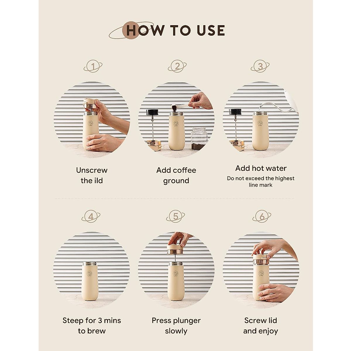 BENFUCHEN Travel Coffee Press, Vacuum Insulated Portable French Press, Stainless Steel Portable Coffee Maker/Tea Press, 12oz, Rose Red