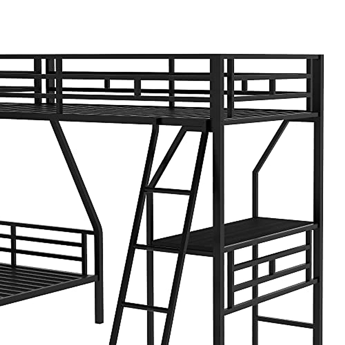 GLORHOME Twin-Over-Full Metal L-Shaped Triple Bunk Bed with a Twin Size Loft Bed & Desk, Space Saving Bedroom Furniture for Kids Teens, Black