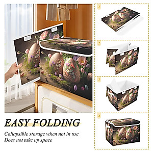 NFMILI Storage Bins (Decorated Eggs Birds) with Lid And Handles, Foldable Storage Basket Large Capacity Household Cube for Organizing Clothes Books Pantry 16.5×12.6×11.8 INCH