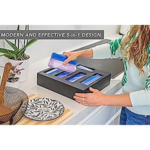 Sloane Harlow Bamboo Ziplock Bag Storage Organizer - 5-in-1 Baggie Organizer, Laser Engraved Ziplock Bag Organizer with extra Storage Slot, Ziplock Storage Bag Holder for Kitchen organization-Black