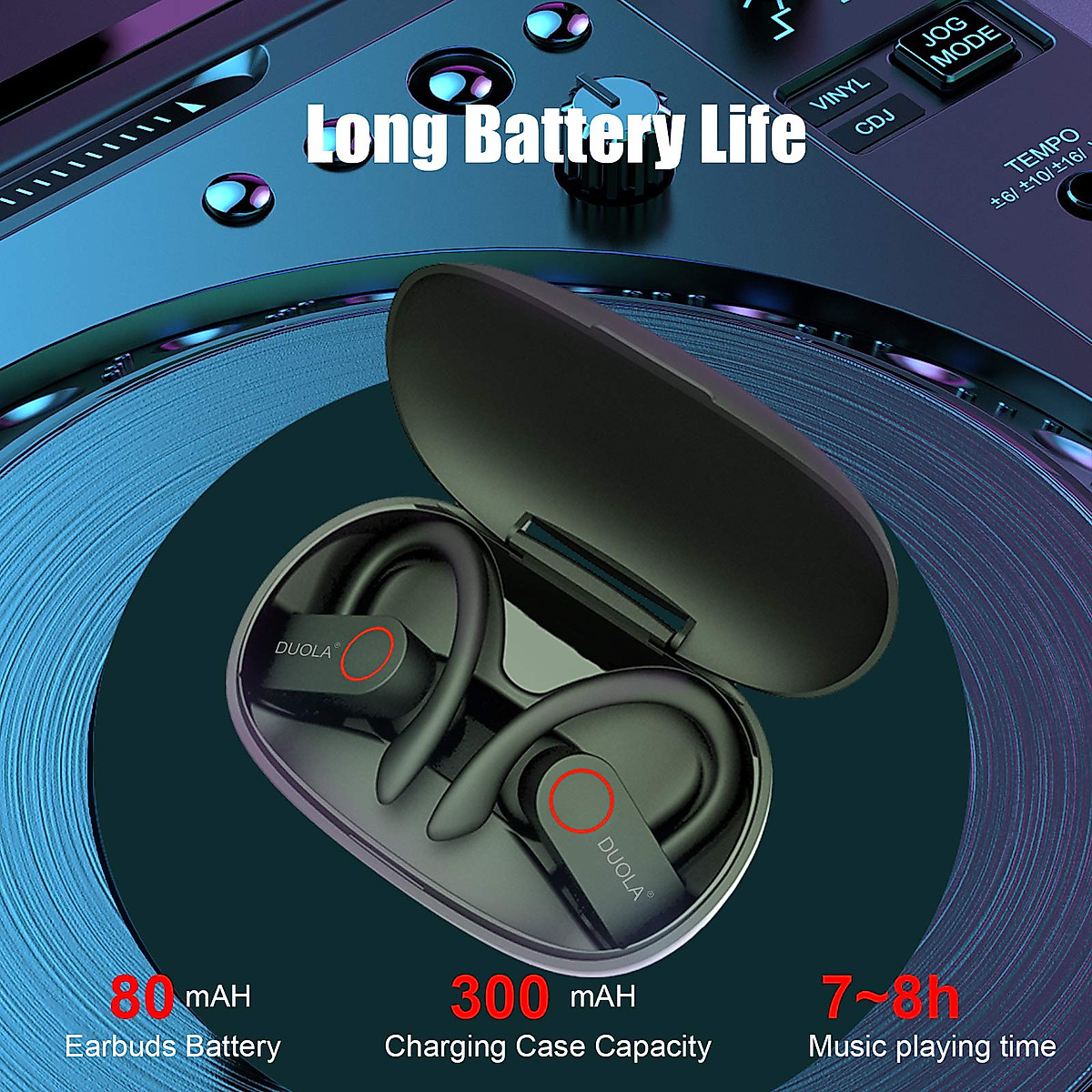 Duola Bluetooth 5.0 Earbuds with Ear Hook, Sport Wireless Headphones, Noise-Cancelling, 8 Hours Playtime, High Stereo-Sound Quality, Compatible with iOS/Android/Windows, Black