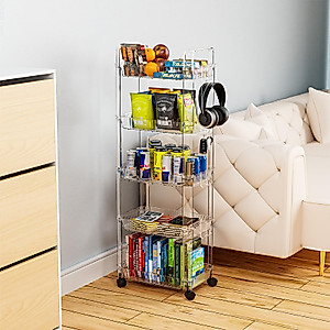 Clear 5 Tier Rolling Utility Cart with Wheels,Modern Bedside Cart for Baby Essentials,Nursery,Diaper Caddy,Baby Supplies,Rolling Storage Cart for Living Room,Bathroom,Kitchen,Book Cart