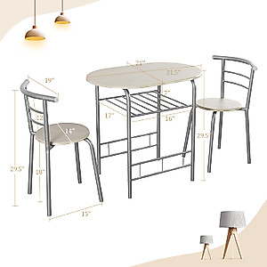 COSTWAY 3 Piece Dining Table Set for 2, Modern Round Table Set with 2 Stools, Pub Table and Chairs Dining Set with Built in Storage Layer, Space Saving for Kitchen, Apartment and Dining Room (Gray)