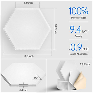 Dailycooper 12 Pack Self-adhesive Acoustic Panels 12" X 10" X 0.4" - Sound Proof Foam Panels with High Density, Stylish Hexagonal Design, Flame Resistant, Absorb Noise and Eliminate Echoes(White)