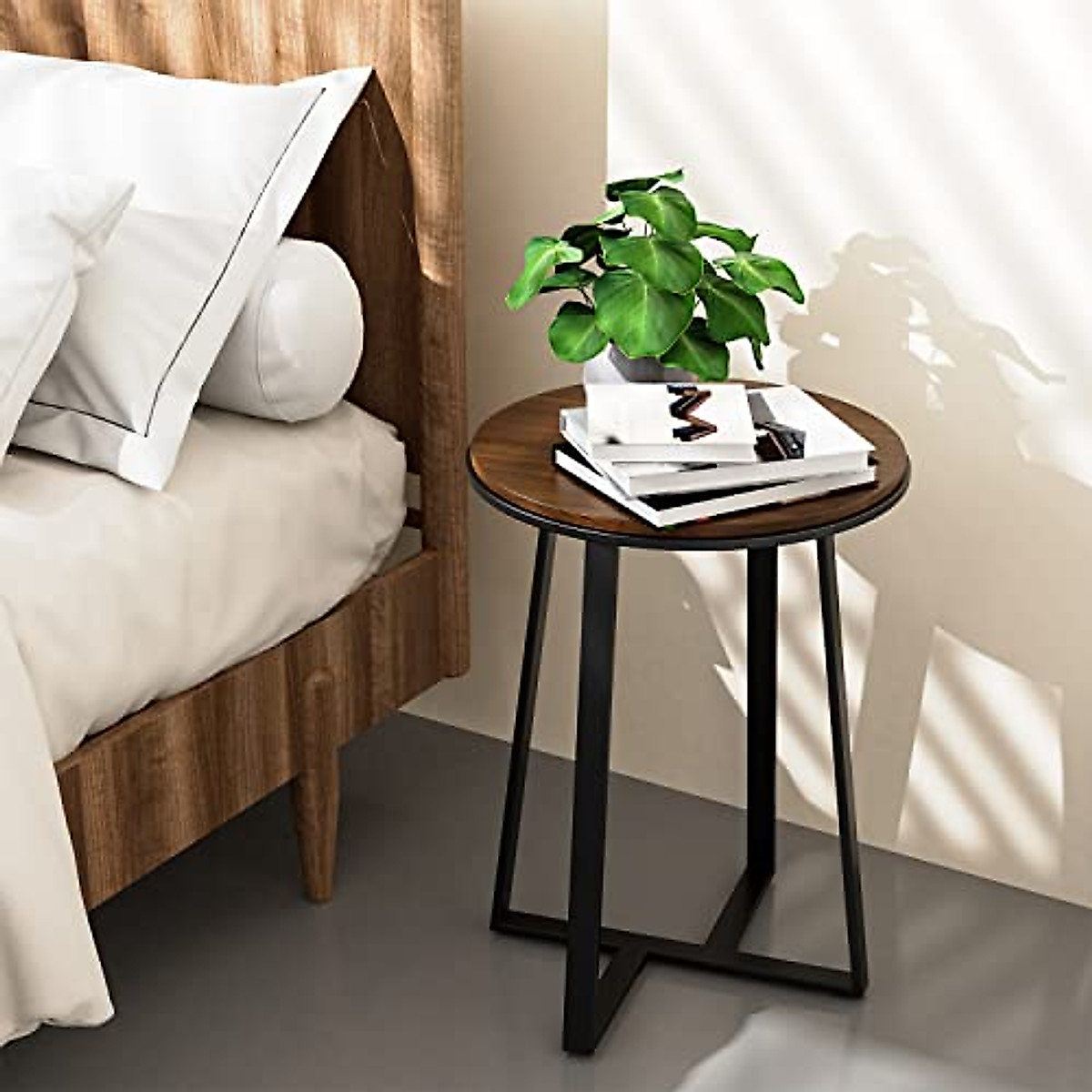 Dorriss Round Small End Table Walnut Color MDF Top,Metal Frame Black, Tall End Table for Bed Room,Coffee Tea End Table for Living Room(Walnut+Black)
