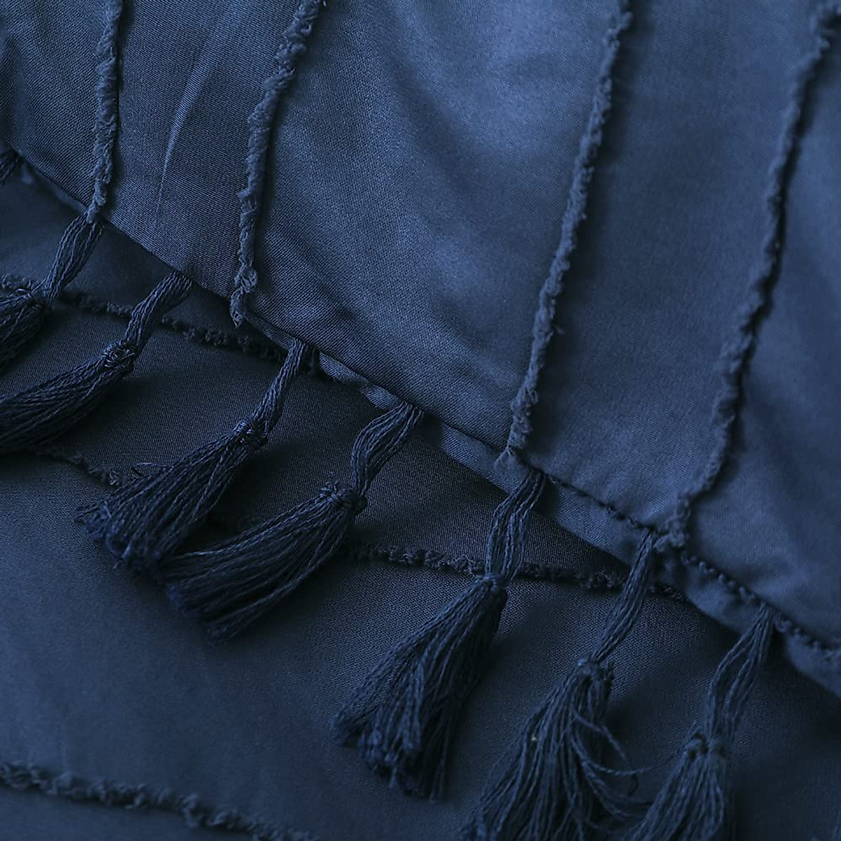 Vaulia Soft Microfiber Textured Duvet Cover Set with Tassels Design, Boho Chic Embroidery Striped Pattern Dark Blue, Queen Size 3-Piece Set (1 Duvet Cover 2 Pillow Shams)