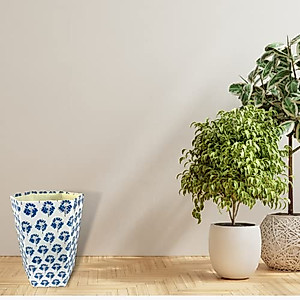 Waste Basket | Decorative Small Waste Basket | Cute Bedroom Trash Can | Blue Trash Can (Small Flowers)
