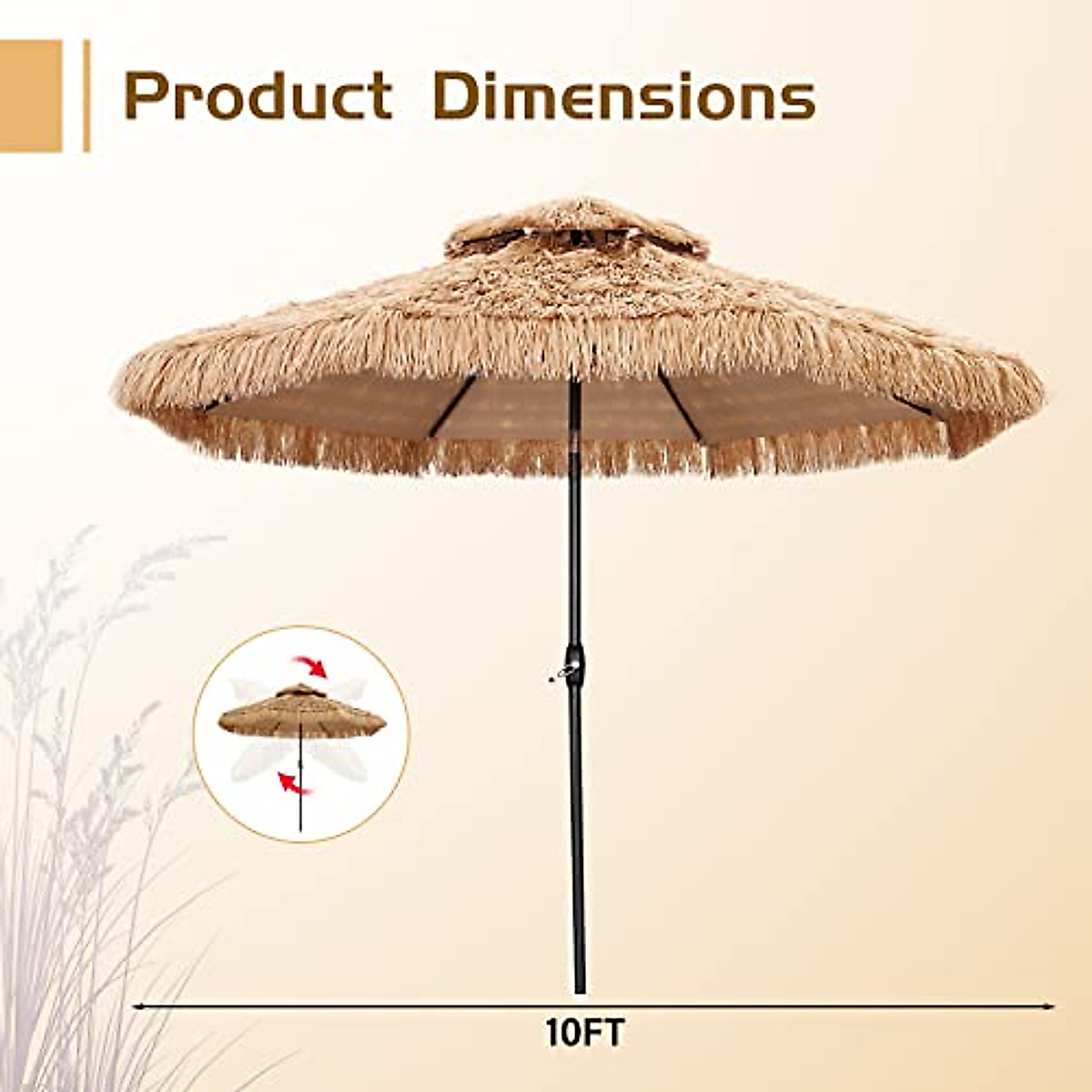GDY 10 FT Patio Tiki Umbrella, Outdoor Patio Pool Beach Umbrellas without LED Lights