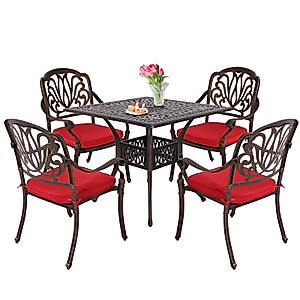 Grepatio 5 Piece Cast Aluminum Patio Dining Set Outdoor Furniture Set Patio Garden Set with 4 Ding Chairs, 4 Cushions and 35.4" Square Patio Table 2.4" Umbrella Hole, Antique Bronze (Red)