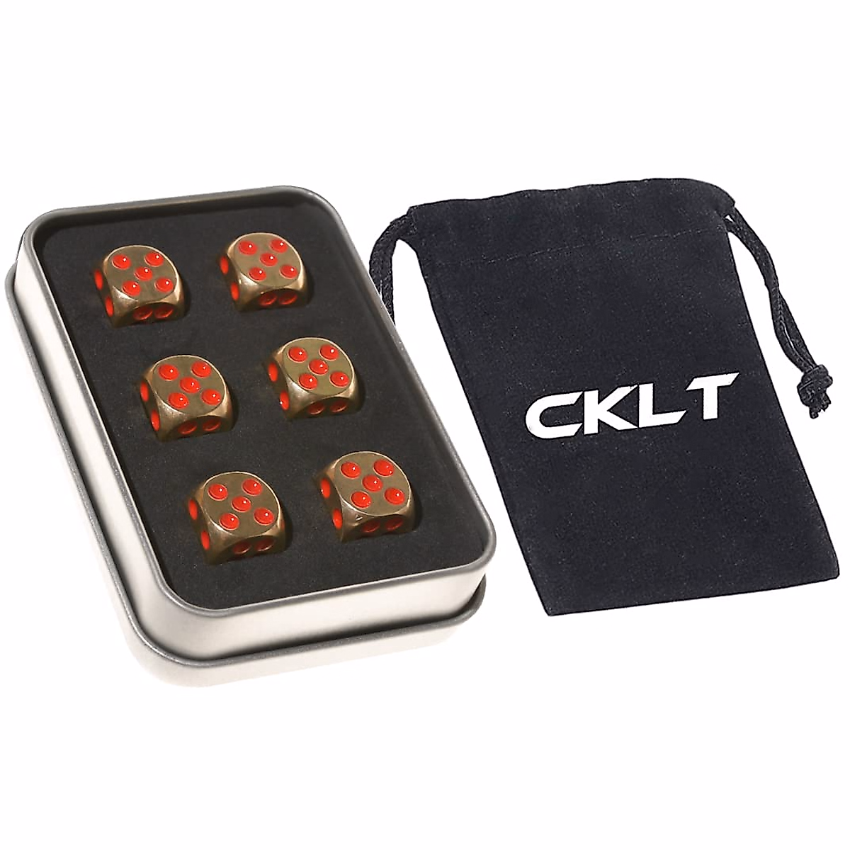 CKLT 6 Sided Metal Brass Dice with Blue Pips, Tables Board Game Dice, 6pcs Solid Gift Brass Dice, Tabletop Games Set for Poker Party Playing Games