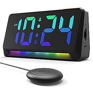 Super Loud Dual Alarm Clock with Ultrathin Bed Shaker, 99dB Loud Buzzer, Large RGB Rainbow Display, LED Night Light, USB Charger Port, Bedside Vibrating Alarm Clock for Heavy Sleepers, Adults, Bedroom