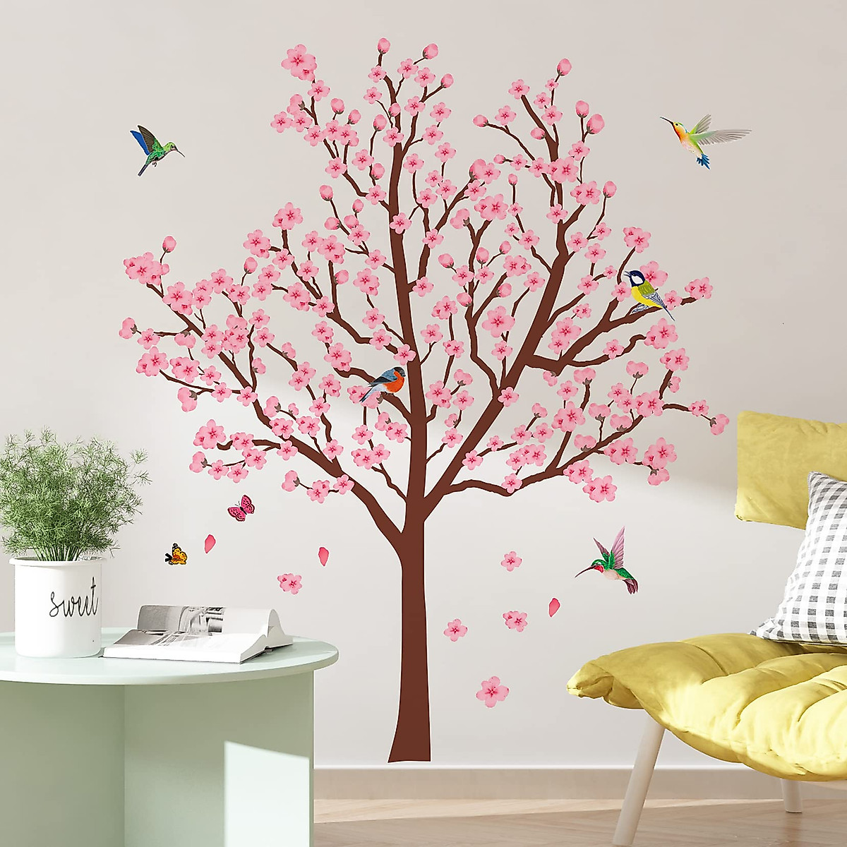 2 Sheets Removable Pink Peach Tree Wall Decals Cherry Blossom Trees Wall Stickers Birds Butterfly Wall Decal Home Art Decor for Kids Girls Babys Bedroom Nursery Room Living Room Decorations (A)