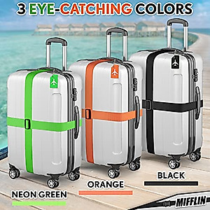 Luggage Straps w/Name Tags (Black, 73.6" Long, 2 Inches Wide, 2 Pack), Adjustable Nylon Belt for Travel Suitcases & Bags by Mifflin-USA