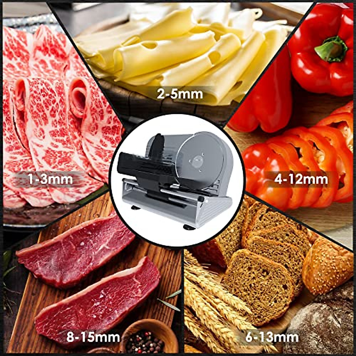 Davivy meat slicer,electric deli food slicer with two removable 7.5" stainless steel blades for cheese bread ham bacon home use with 0-15mm adjustable thickness,150W