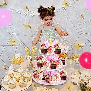 Butterfly Party Cupcake Stand for Girls Pink 3-Tier Cake Stand Baby Shower Spring Butterfly Birthday Party Table Cake Holder Decorations for Kids Cupcake Stands Butterfly Theme Decorations Supplies