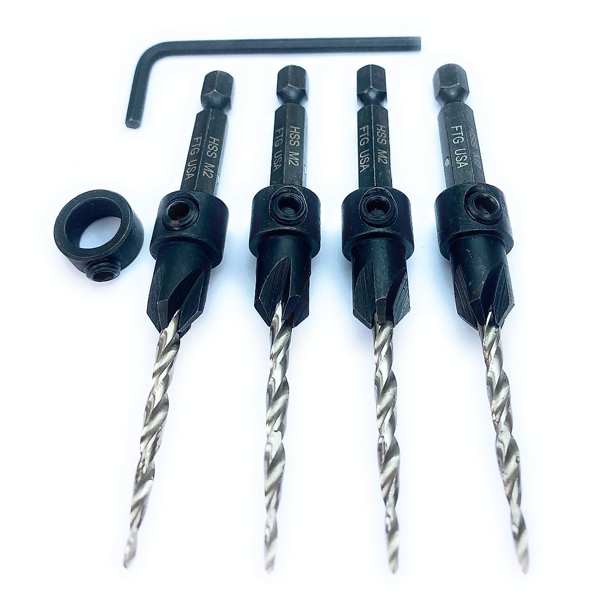 FTG USA Countersink Drill Bit Set 4 Piece Same Size #6 (9/64") Countersink Drill Bit with 12 Replacement Tapered Countersink Bits #6 (9/64") 1 Depth Stop Collar, 2 Hex Wrench