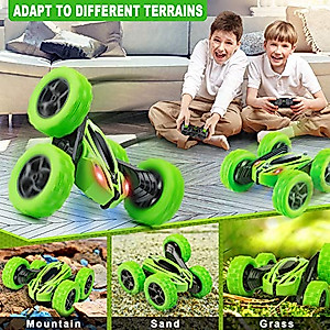 ORRENTE Remote Control Car, RC Cars Stunt Car Toy, 4WD 2.4Ghz Double Sided 360° Rotating RC Car with Headlights, Kids Xmas Toy Cars for Boys/Girls (Green)