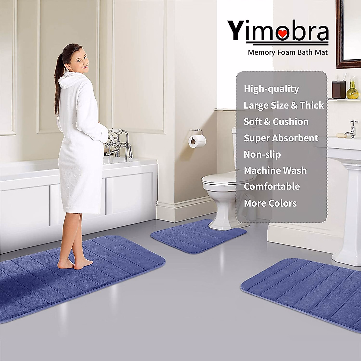 Yimobra Memory Foam Bath Mat Large Size, 31.5 x 19.8, Super Soft Non-Slip Bathroom Rug, Water Absorption, Machine Wash, Thick, Comfortable, Easier to Dry for Bathroom Mat, Tub and Shower, Navy Blue