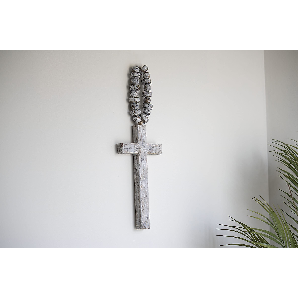 Foreside Home & Garden White Brushed Wood Cross with Beaded Hanger Wall Décor