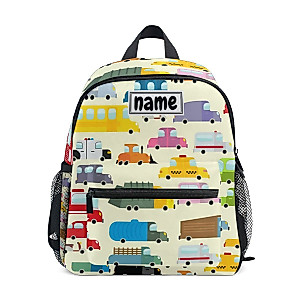 Glaphy Custom Kid's Name Backpack School Bus Trucks and Police Car Cartoon Cute Toddler Backpack for Daycare Travel Personalized Name Preschool Bookbag for Boys Girls