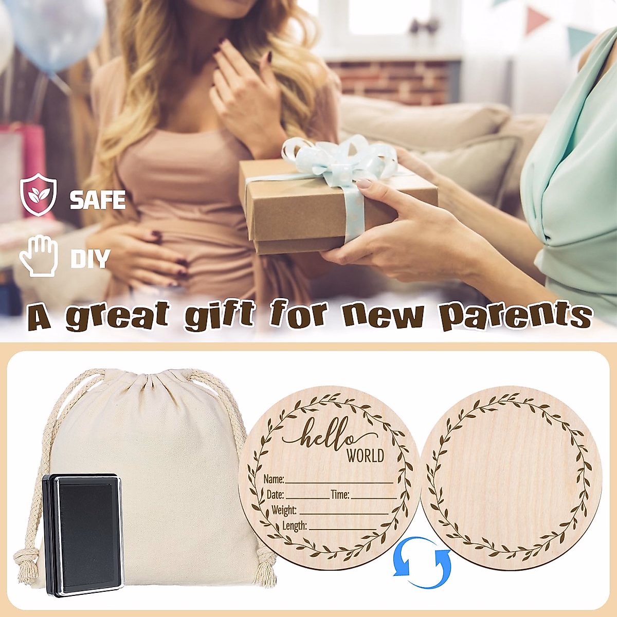 Mayyi Newborn Birth Announcement Sign,Personalized Baby Announcement，Custom Engraved Wooden Baby Name Sign，Newborn Photo Props, Hello World Newborn Announcement for Hospital (BAS 05)