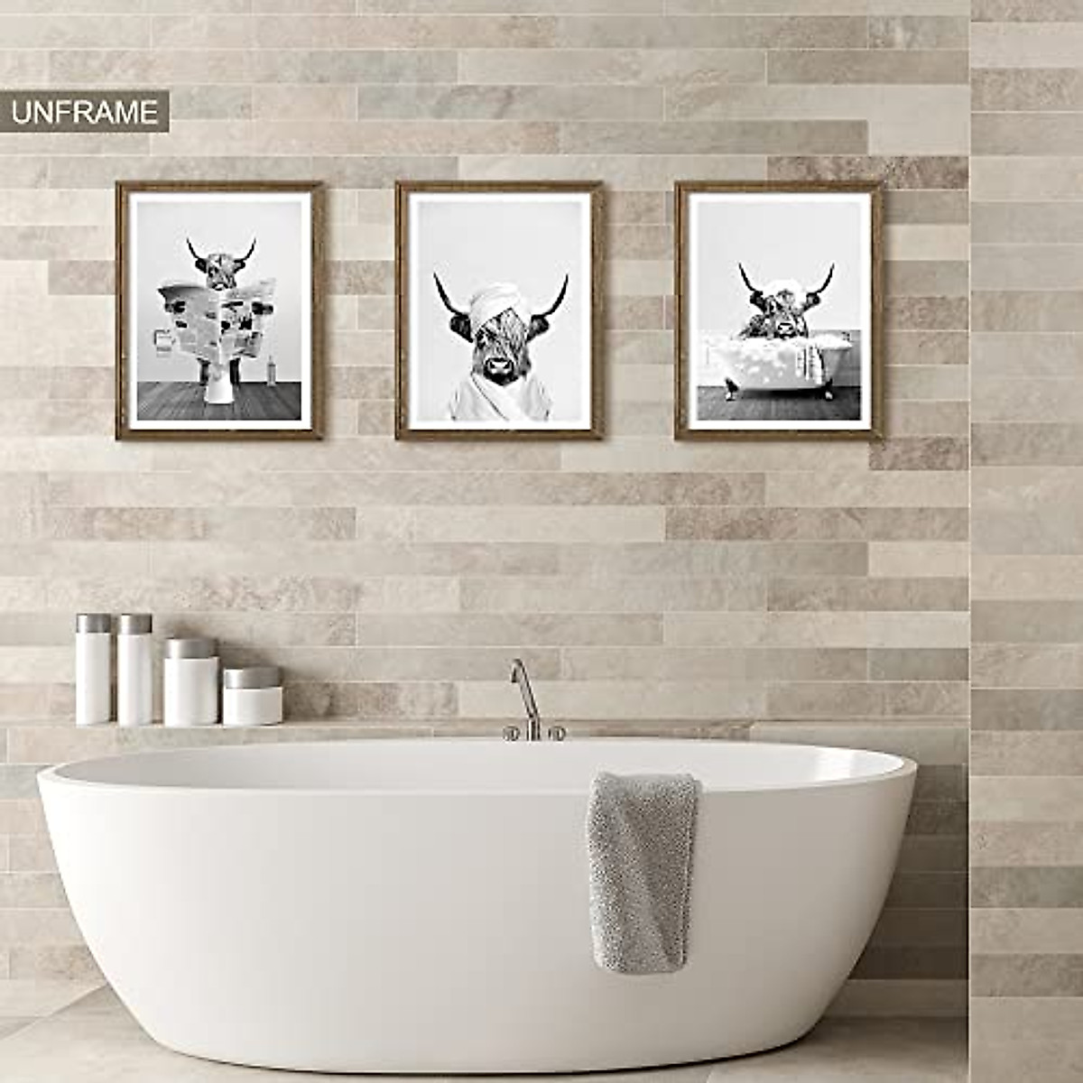 YLYYOO Funny Highland Cow Bathroom Wall Art,black and White Canvas Wall Art Farmhouse Bathroom Wall Decor,highland Cow Pictures Prints for Wall Decor Set of 3 Unframed. (Black,3PCS-12"x16"-Unframed)