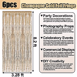 6 Pack Champagne Gold Foil Fringe Curtain Backdrop, 3.28Ft x 8.2Ft Metallic Tinsel Foil Fringe Streamer Curtains for Photo Booth, Halloween, Christmas, Birthday, Wedding Party Decorations