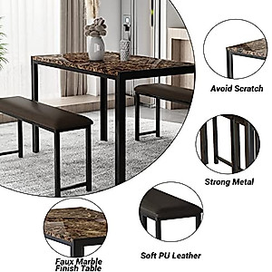Hooseng 3 Pieces Dining Room Table Set, Modern Faux Marble Kitchen Table Set with 2 PU Leather Upholstered Benches, Ideal for Home, Apartment, Breakfast Nook, Small Space, Brown