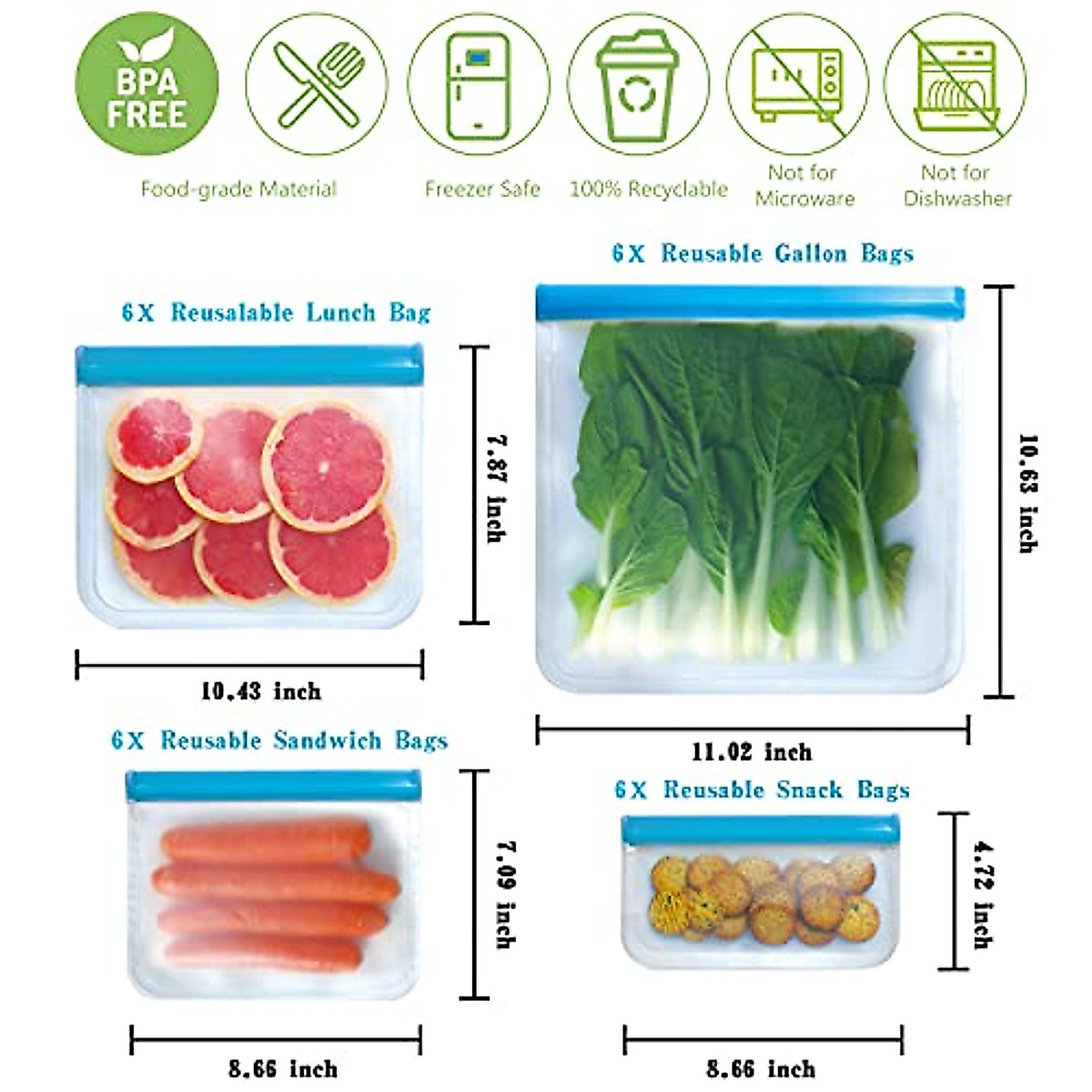 SYEENIFY Reusable Food Storage Bags,Freezer Bags for Food,Reusable Gallon Freezer Bags,Reusable Lunch Snack Bags,BPA FREE Leak-proof Freezer Bags for Meat Fruit Veggies(24 Pack)