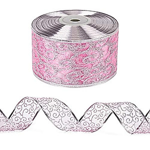 LaRibbons Wired Christmas Holiday Ribbon - Lt.Pink Swirl Sheer Glitter Ribbon - 2.5 inch x 25 Yard Each Roll - Silver Wired Edge