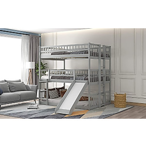 HABUHOME Full-Over-Full-Over-Full Bunk Bed with Built-in Ladder and Slide, Wooden Triple Bunk Bed with Guardrails,Gray