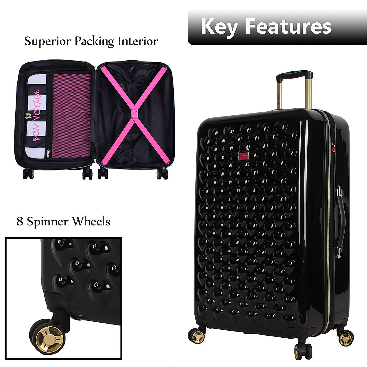 Betsey Johnson Luggage Hardside 3 Piece Set Suitcase With Spinner Wheels (20" 26" 30") (One Size, Heart to Heart Black)