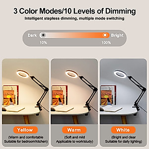 BRISON Magnifying Desk Lamp with Clamp, 3 Adjustable Light, 10 Brightness 8X Magnifier Lamps for Reading/Office/Soldering/Crafts, Swing Arms LED Desk Lamp with Sleep Timer Function
