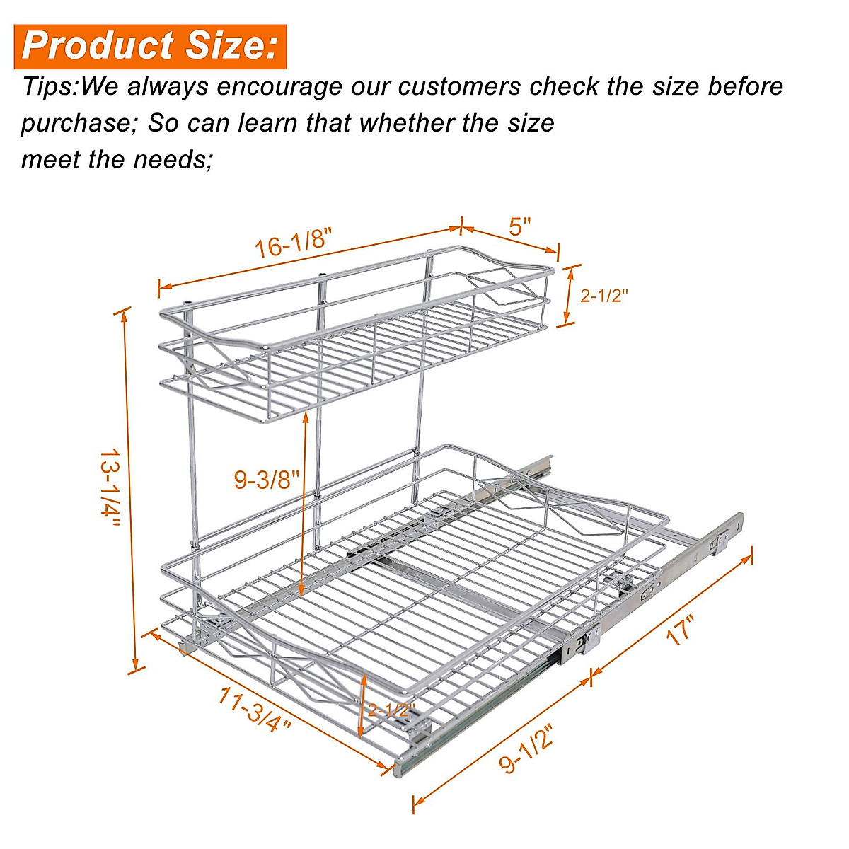 TQVAI Pull Out Cabinet Organizer, 2 Tier Under Sink Storage Shelf with Sliding Drawer, Wire Kitchen Slide Out Basket - 11.75W x 17D x 13.25H, Request at Least 12.5 Inch Cabinet Opening