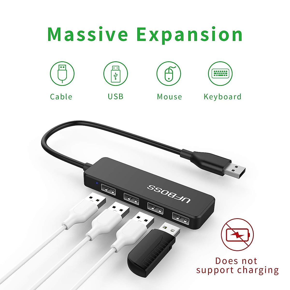 UFBOSS Ultra Slim 4 Port USB 2.0 Data Hub, 1Ft Long Cable USB Splitter for Laptop, Dell, Asus, HP, MacBook Air, Surface Pro, Acer, Xbox, Flash Drive, HDD, Console, Printer, Camera