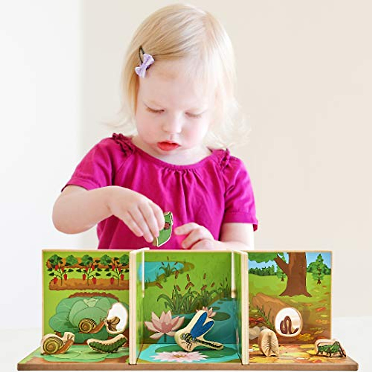 THE FRECKLED FROG Pretend 'N' Play Minibeasts - Set of 11 Bug Blocks Plus Illustrated Habitat Pieces - Ages 2+ - Wooden Insect Block Play Toy for Toddlers
