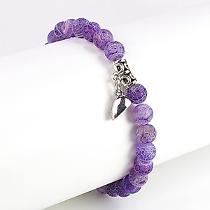 Matching Couple Bracelets Healing Crystal Bracelets for Couples Matching Heart Bracelet for Lover Him & Her Boyfriend Girlfriend Valentine's Day Gifts (Purple Weathered Agate+ Black Lava Rock Stone)