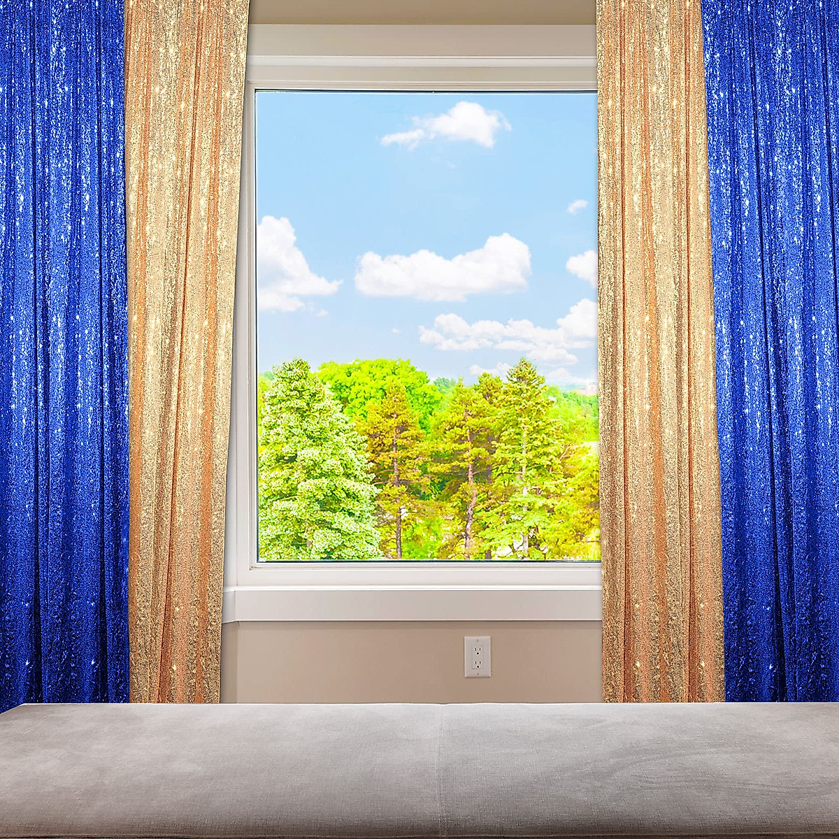 4 Panels Sequin Backdrop Curtain 2 ft x 8 ft, Backdrop Curtain for Party Sequin Backdrop Glitter Curtain for Congrats Grad Graduation Party Decorations, Birthday, Wedding (Blue, Gold)