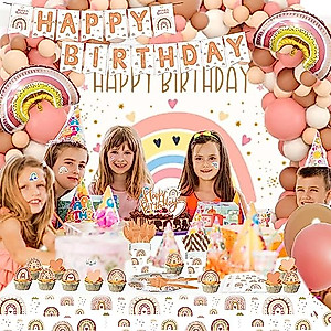 263Pcs Boho Rainbow Birthday Decorations, Boho Rainbow Birthday Party Supplies, Bohemian Birthday Party Decorations, Include Banner, Cake & Cupcake Topper, Backdrop, Tablewares, Balloon and Stickers