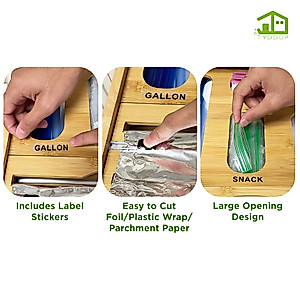 TYDDUP - 6 in 1 Ziplock Bag Organizer with Alum. Foil/Plastic Wrap Dispenser with Cutter & Labels for Kitchen Drawer |Bamboo Kitchen Organization |Compatible Gallons,Quarts,Snack,and Sandwich Bags.