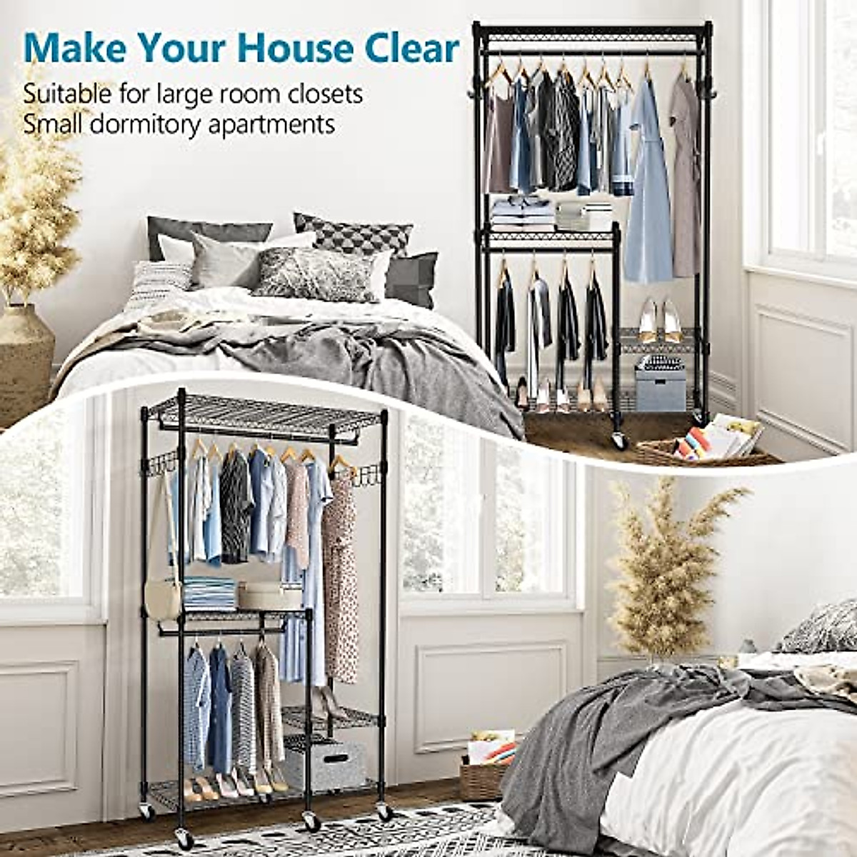 uyoyous 3 Tier Rolling Clothing Rack 73 X 40 Inch Wire Heavy Duty Clothes Rack with Locked Wheels and Side Hooks Rolling Garment Rack Closet Organizer for Bedroom