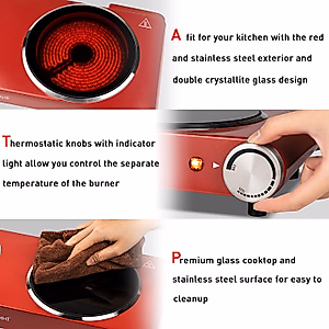 Hot Plate, Techwood 1800W Dual Electric Stoves, Countertop Stove Double Burner for Cooking, Infrared Ceramic Hot Plates Double Cooktop, Red, Brushed Stainless Steel Easy To Clean Upgraded Version, Red