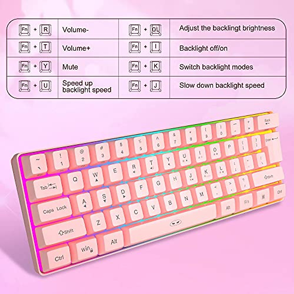 MageGee TS92 Wireless 60% Gaming Keyboard, Compact 61 Keys Rechargeable RGB Backlit Office Keyboard, 2.4G Wireless Connection, Pink Waterproof Portable Computer Keyboard for Mac Windows Laptop