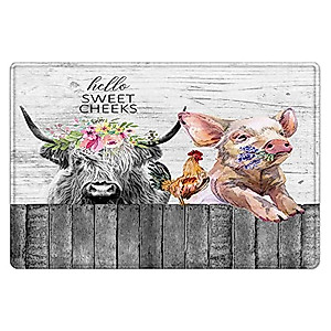 ECOTOB Farmhouse Highland Cow Shower Curtain Set Cute Farm Cow Chicken and Pig with Flowers on Grey Fence Bath Mat and Shower Curtain Funny Farm Animal Bathroom Decor Accessories, 72x72 Inches