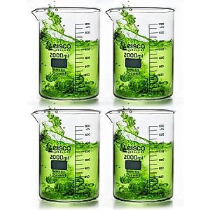 EISCO 4PK Beakers, 2000ml - Low Form with Spout - White, 100ml Graduations - Borosilicate 3.3 Glass